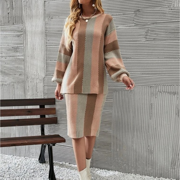 Dresses | Classic Colorblock Stripes Long Sleeve Knit Sweater High ...